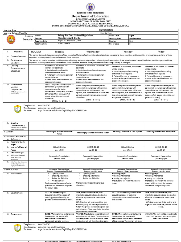 Math 8 Quarter 1 Week 1 Dll Download Free Pdf Equations