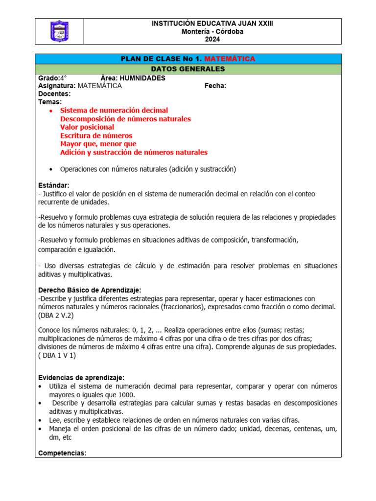 Formato Plan de Clase, 2024. MATEMÁTICAS | PDF | Números | Decimal