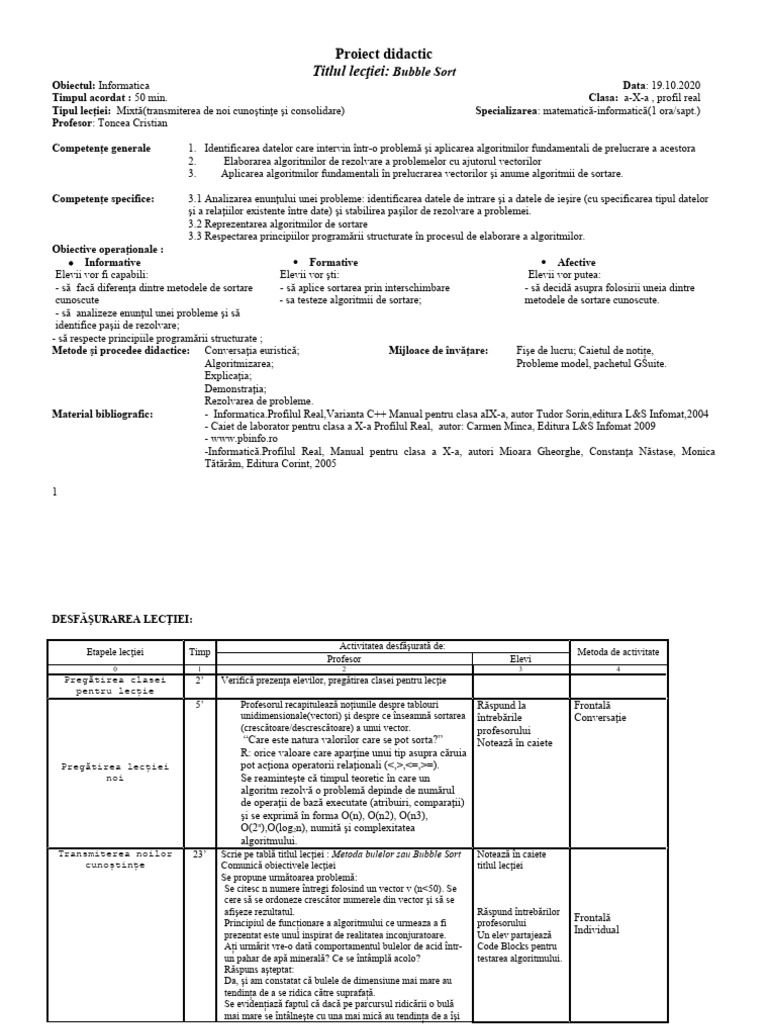 Proiect Didactic Bubble Sort | PDF