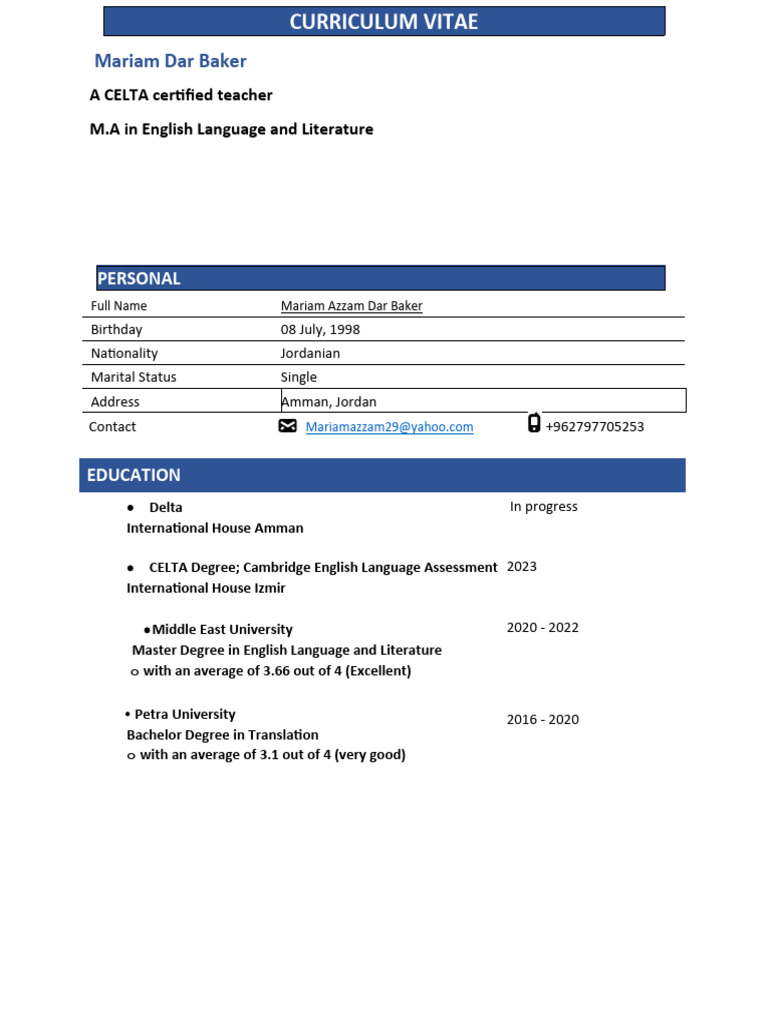 Curriculum Vitae Mariam Baker | PDF