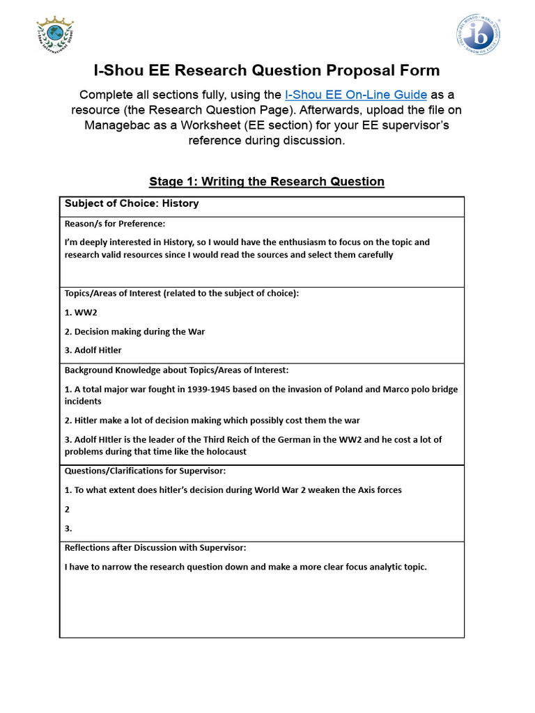 Owen Hsu Research Question Proposal Form and Pre-Writing Task Sheets | PDF