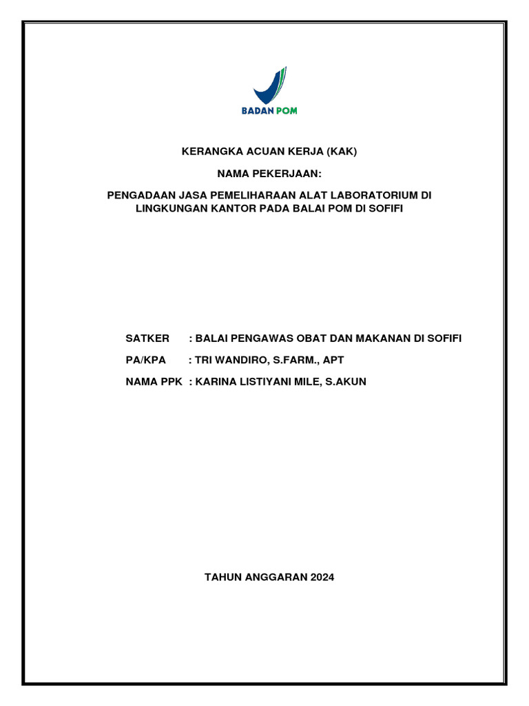 Pemeliharaan Alat Lab BPOM Sofifi 2024 | PDF