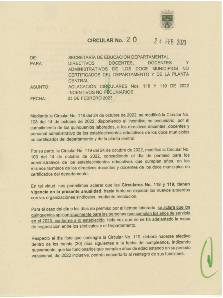 INCENTIVOS NO PECUNIARIOS (CIRCULAR 020-2023) | PDF