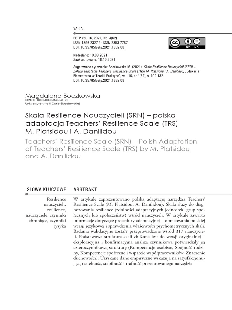 Skala Resilience Nauczycieli SRN Po | PDF