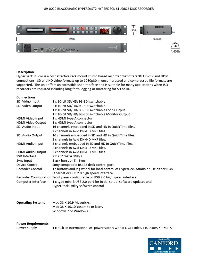 89-0022 Blackmagic Hyperd - st2 Hyperdeck Studio2 Disk Recorder - Canfordised Datasheet | PDF ...