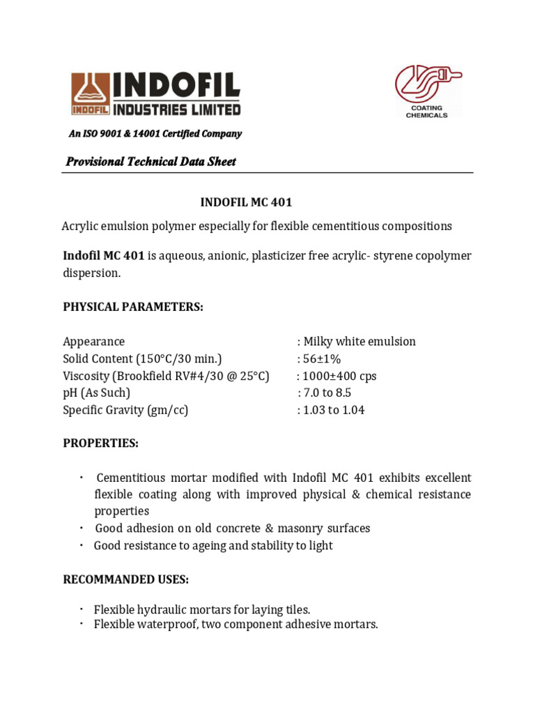 Indofil MC 401 Waterproofing Emulsion | PDF