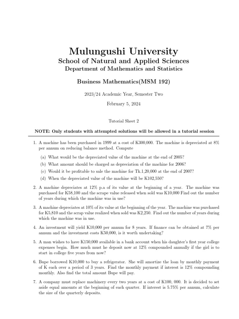 Business Mathematics Tutorial Sheet 2 | PDF | Net Present Value | Interest