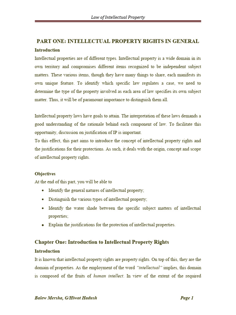 Part One Intellectual Property Rights in General | PDF | Intellectual ...