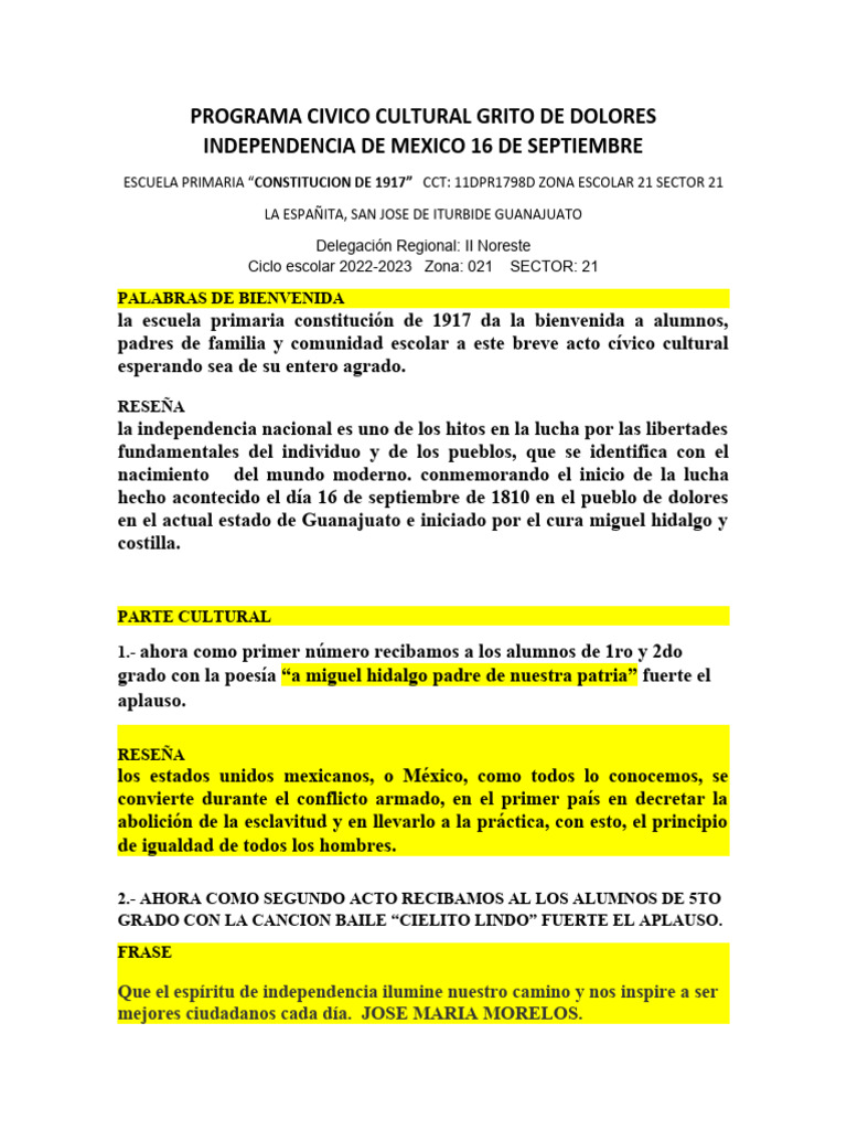 Programa Civico Cultural Grito de Dolores Independencia de Mexico 16 de Septiembre Contitucion ...