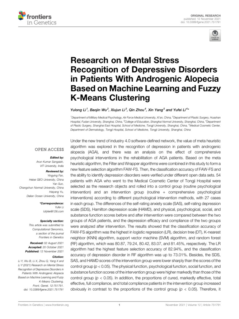 21 Research on Mental Stress Recognition of Depressive Disorders in Patients With AGA | PDF ...