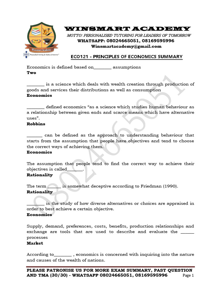 Eco121 Principles of Economics Summary 08024665051 | PDF | Demand | Economics