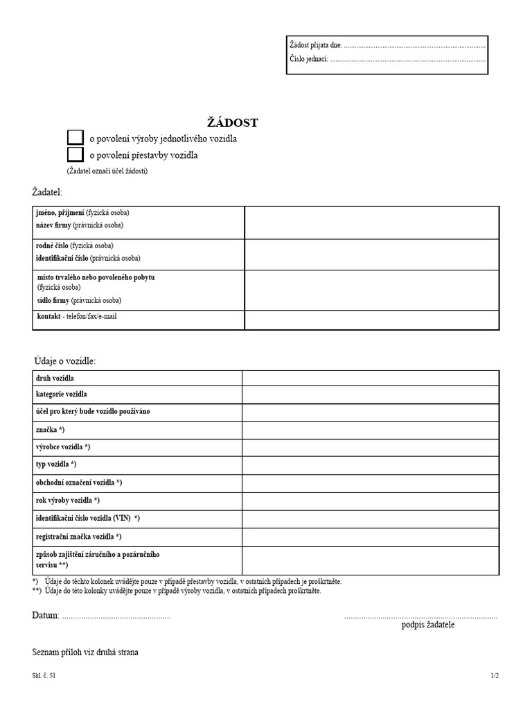 Zadost o Povoleni Vyroby Vozidla A o Povoleni Prestavby Vozidla | PDF