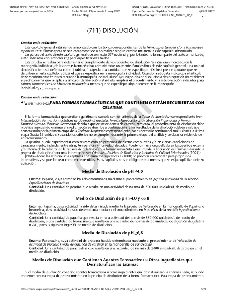 Capitulo 711 - USP - DISOLUCIÓN | PDF | Medicamentos con receta