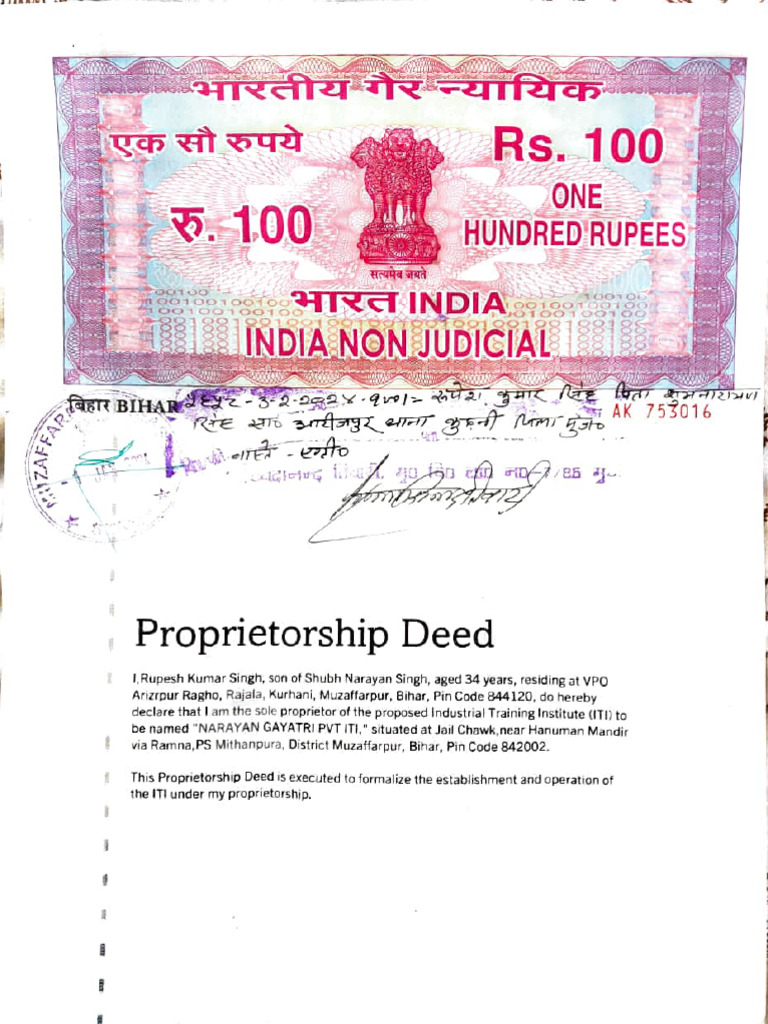 Proprietorship Deed for Narayan Gayatri ITI | PDF | Sole Proprietorship ...
