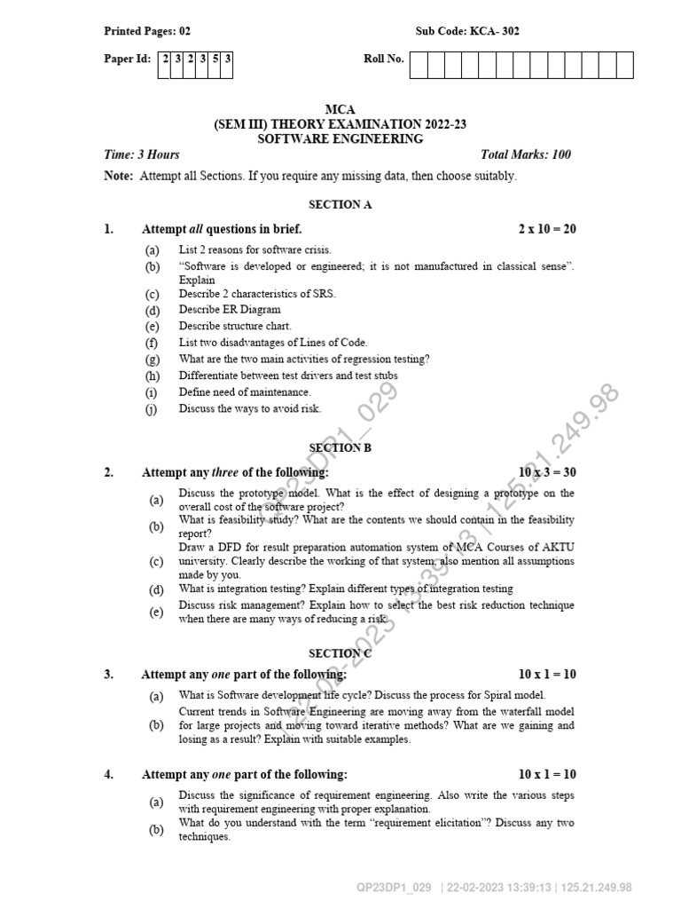 Mca 3 Sem Software Engineering Kca 302 2023 | PDF | Information Technology | Computer Programming