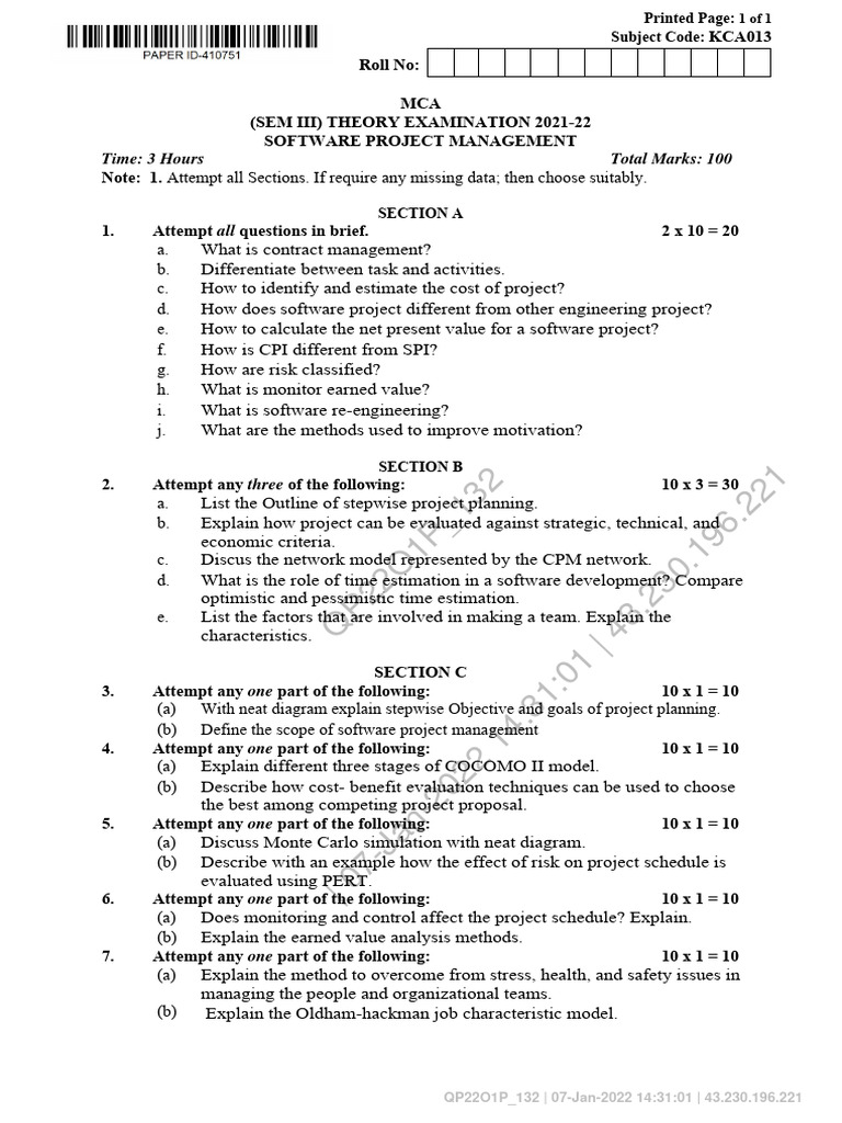 Mca 3 Sem Software Project Management Kca013 2022 | PDF Mca 3 Sem Software Project Management Kca013 2022 | PDF