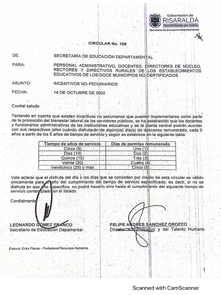 CIRCULAR 108-2022 (Día Libre Cada 5 Años) | PDF