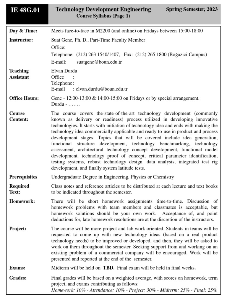Technology Development Engineering: Course Syllabus (Page 1) | PDF