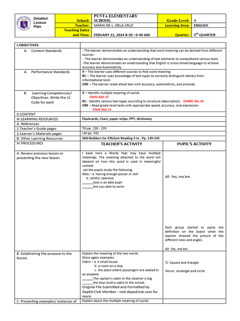 Myenglish 4 Lessonplan Tuesday | PDF | Learning | Teachers