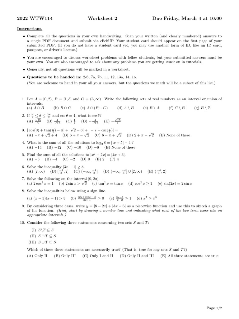 Worksheet 2 | PDF | Mathematical Concepts | Mathematical Analysis