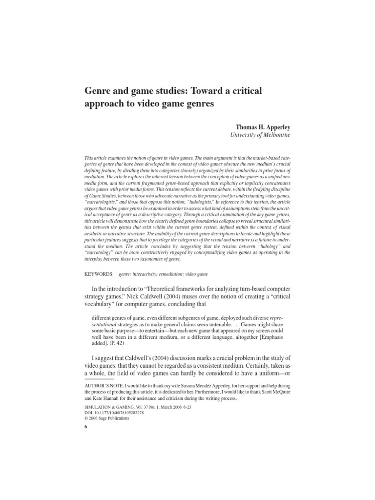 Genre and Game Studies Toward A Critical Approach To Video Game Genres ...