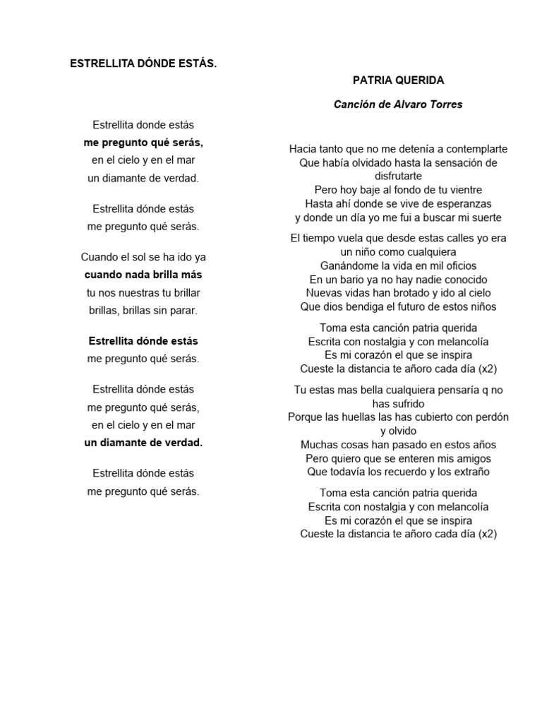 Letras de "Estrellita" y "Patria Querida" | PDF