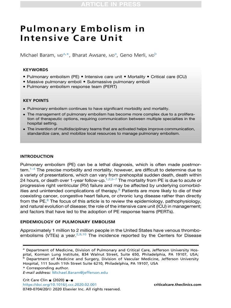 Pulmonary Embolism in Intensive Care Unit: Michael Baram,, Bharat ...