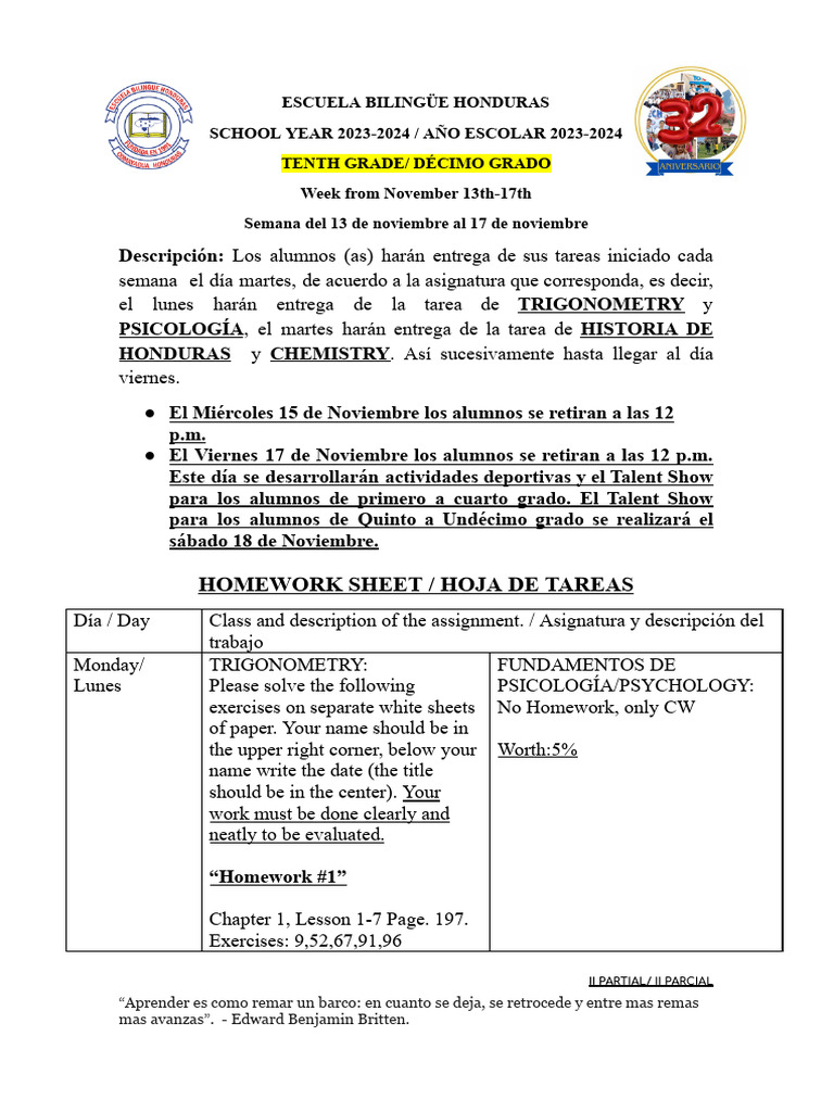 Decimo Grado Hoja de Tareas#2 (II PARCIAL)_ Tenth Grade Hoja de Tareas ...
