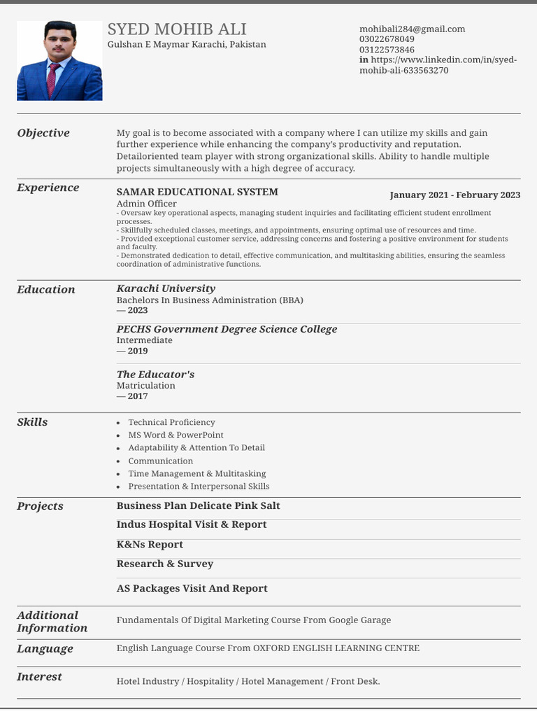 Resume - Syed Mohib Ali 1 | PDF | Communication | Human Communication Resume - Syed Mohib Ali 1 | PDF | Communication | Human Communication
