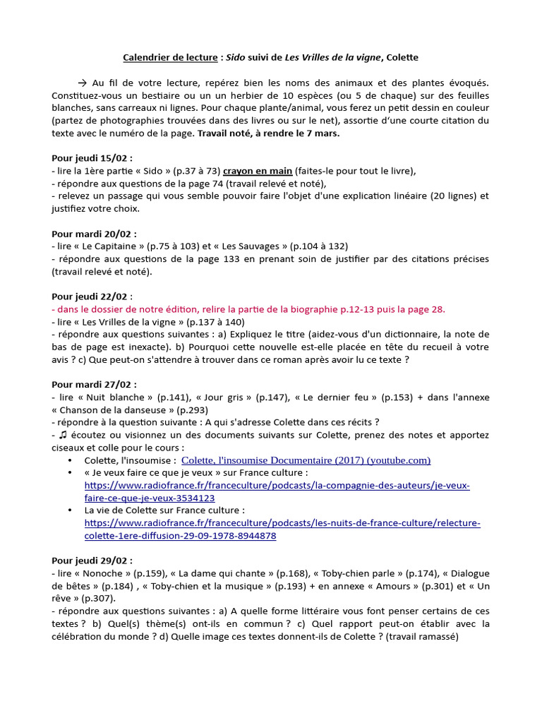 Calendrier de Lecture Colette | PDF