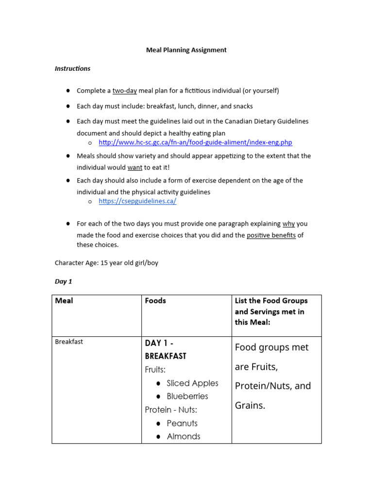 Meal Planning Assignment-1 | PDF | Foods | Meal