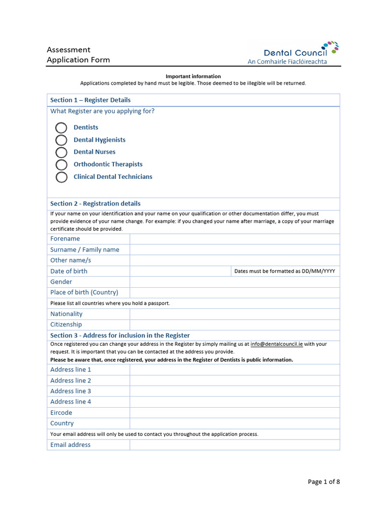 Assessment Application Form | PDF | Dentist | Identity Document