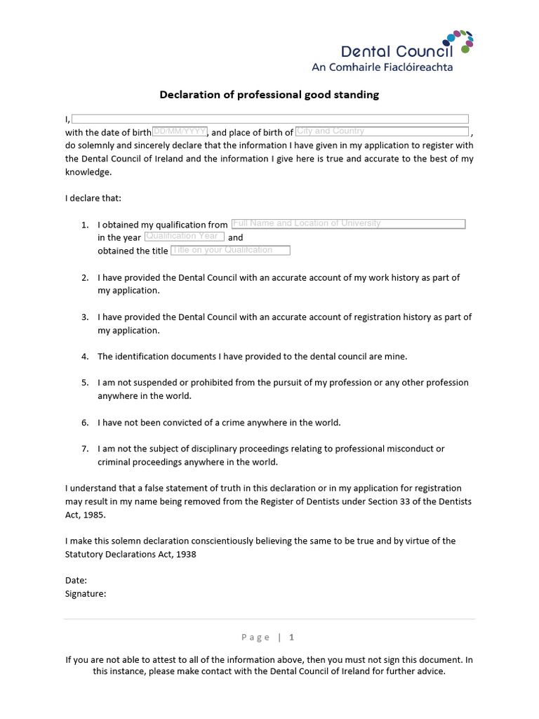 Dental Council Registration Declaration | PDF | Notary Public | Justice