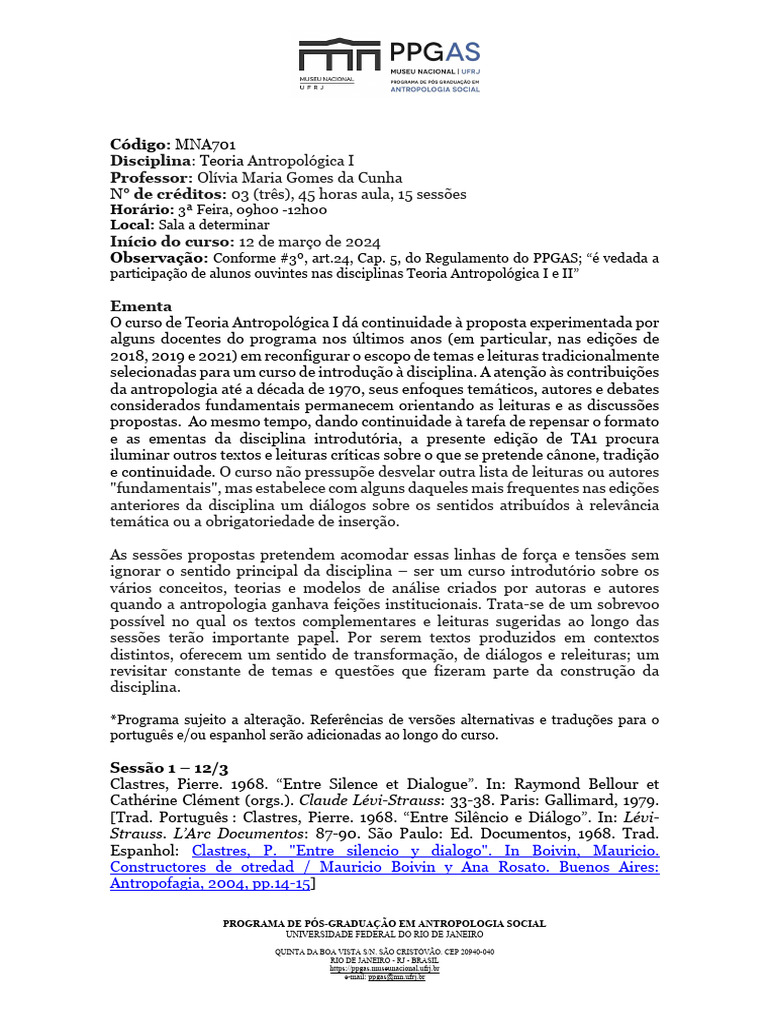 Ementa Teoria Antropológica I (2024.1) MNA 701 | PDF