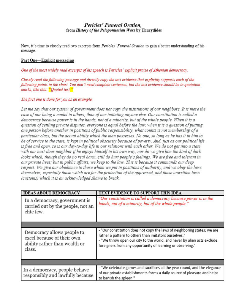Close Reading Pericles' Funeral Oration | PDF