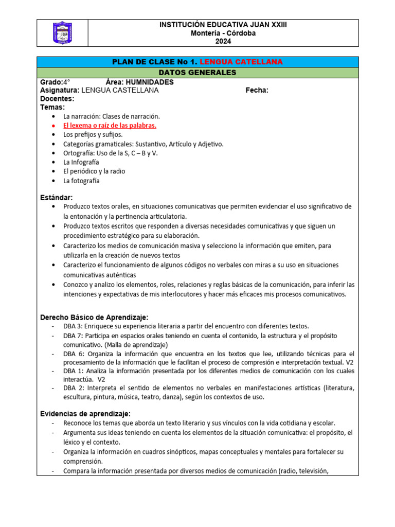 Formato Plan de Clase, 2024. LENGUA TEMA 2 | PDF