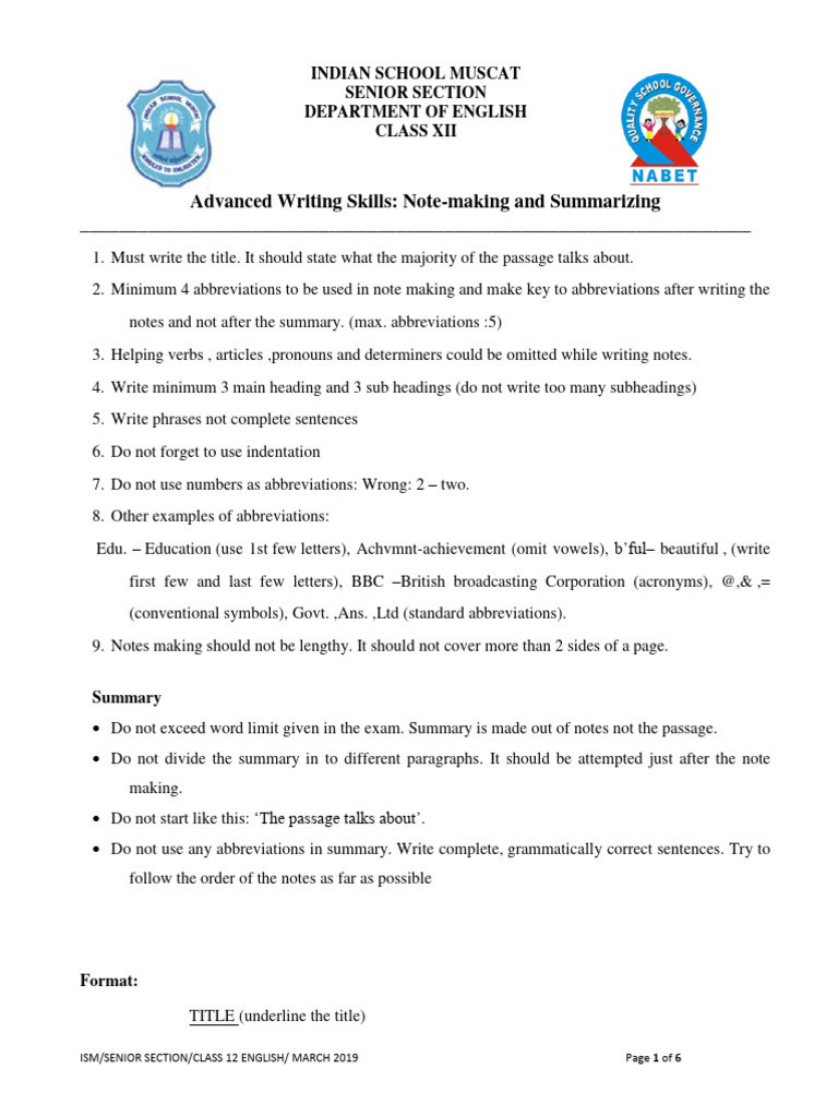 Class - Xii - English - Note Making and Summary - 2019-20 | PDF