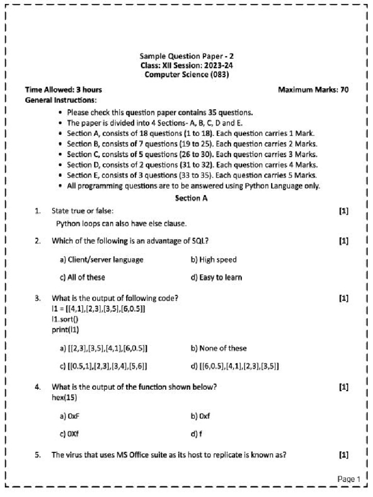 2023-24 computer science SAMPLE PAPER 2 | PDF