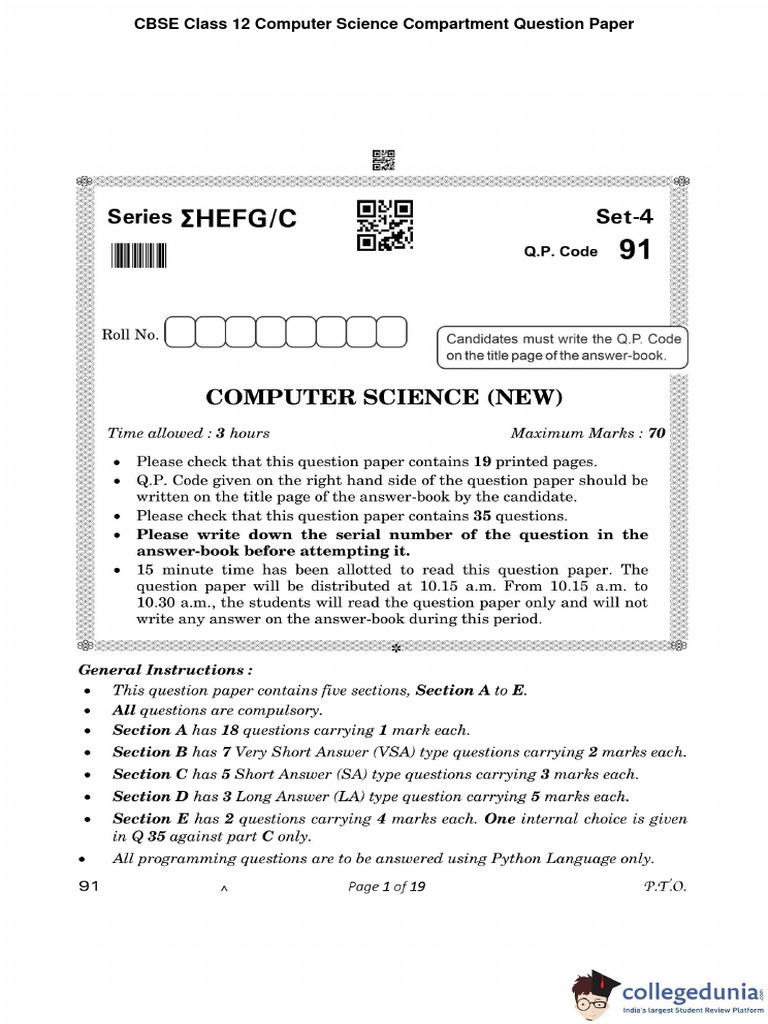 COMPUTER SCIENCE 2023 COMPARTMENT CODE-91 SET 4 | PDF