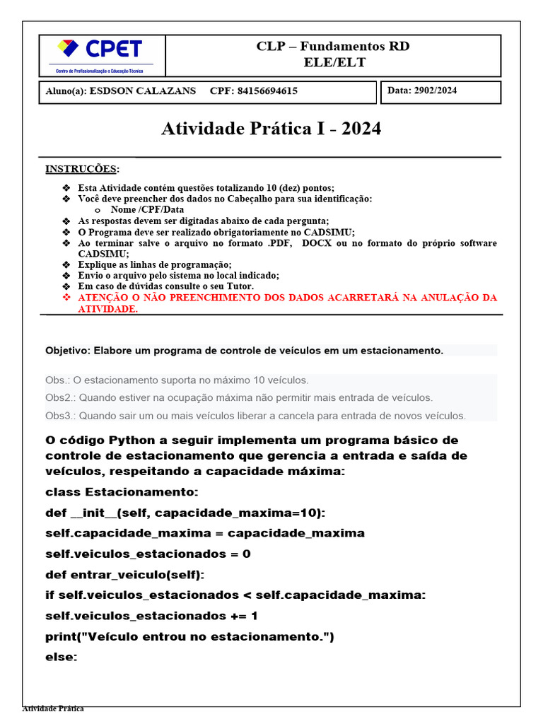 Atividade Prática CLP 2024 - 01 | PDF | Controlador lógico programável | Python (linguagem de ...