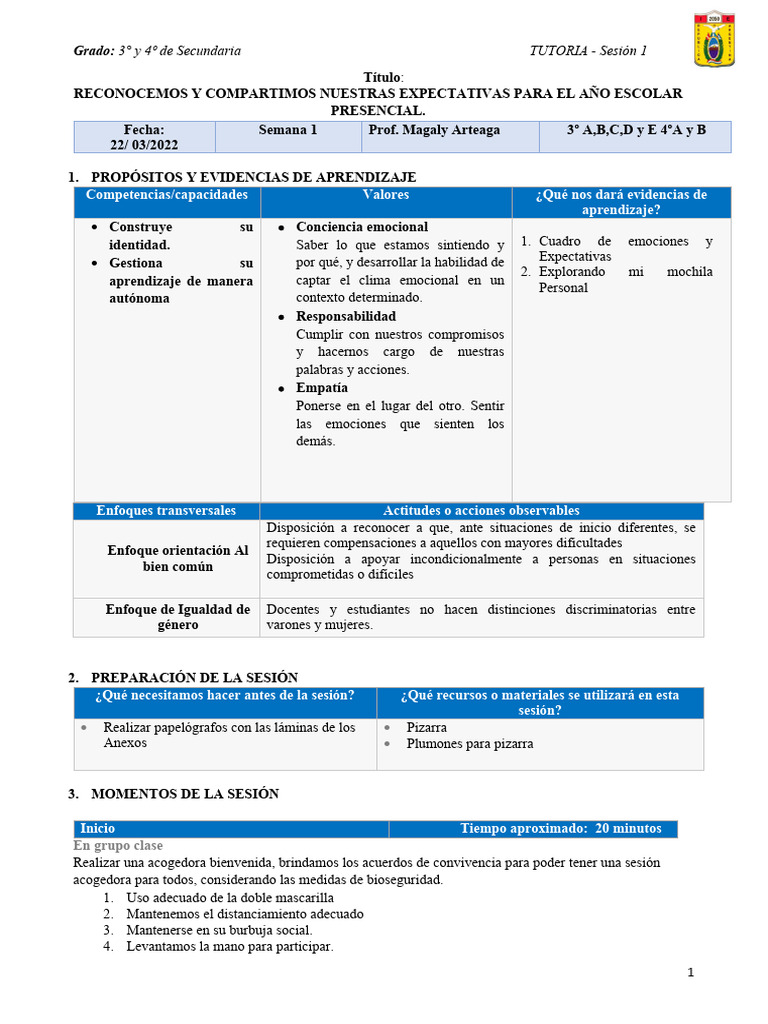 Sesión de Aprendizaje de Bienvenida Tutoria | PDF