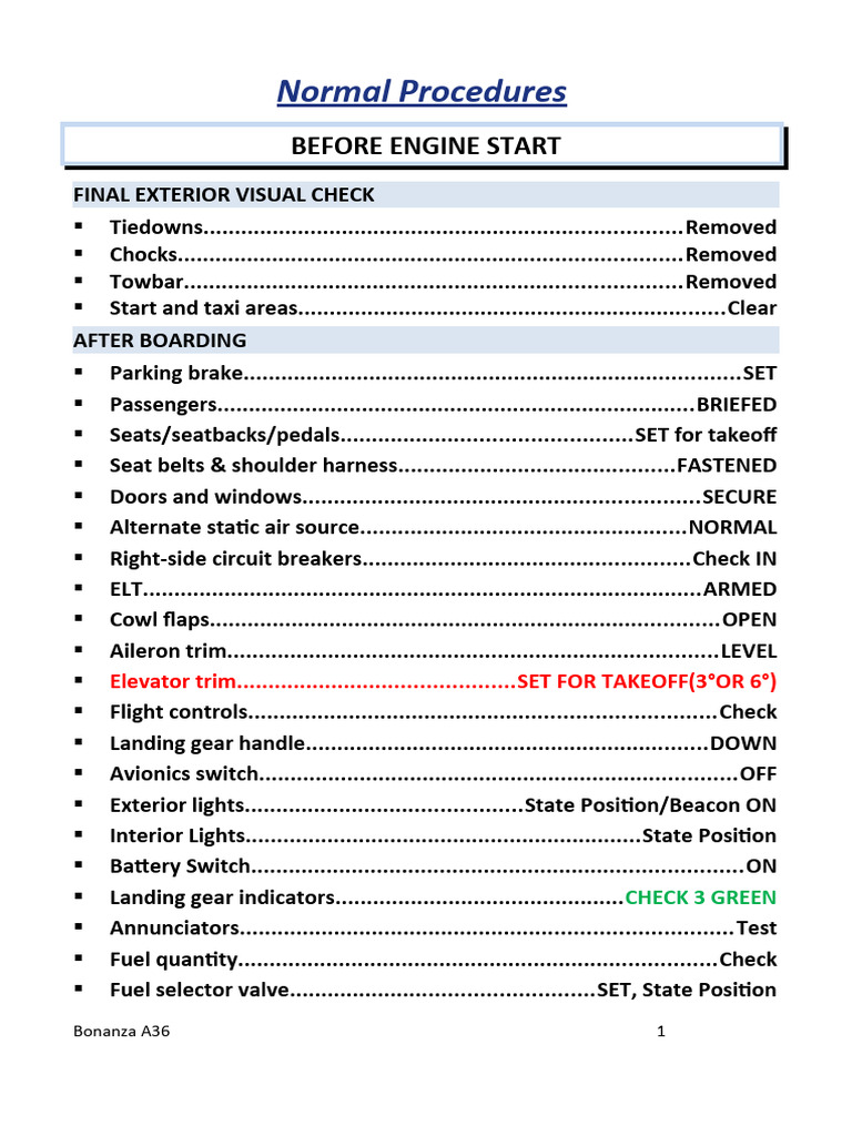 BE36 Checklist | PDF | Takeoff | Aviation