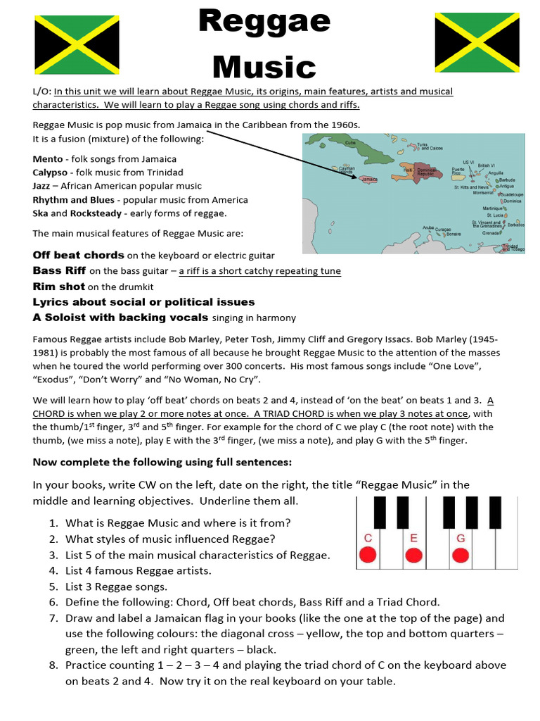 Yr8 Reggae Music Comprehension Worksheet Lesson 1 or Cover | PDF