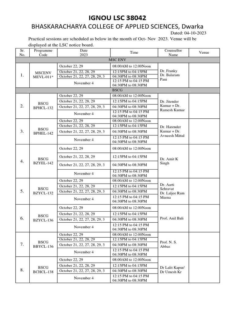 Practical Schedule IGNOU October November 2023 | PDF