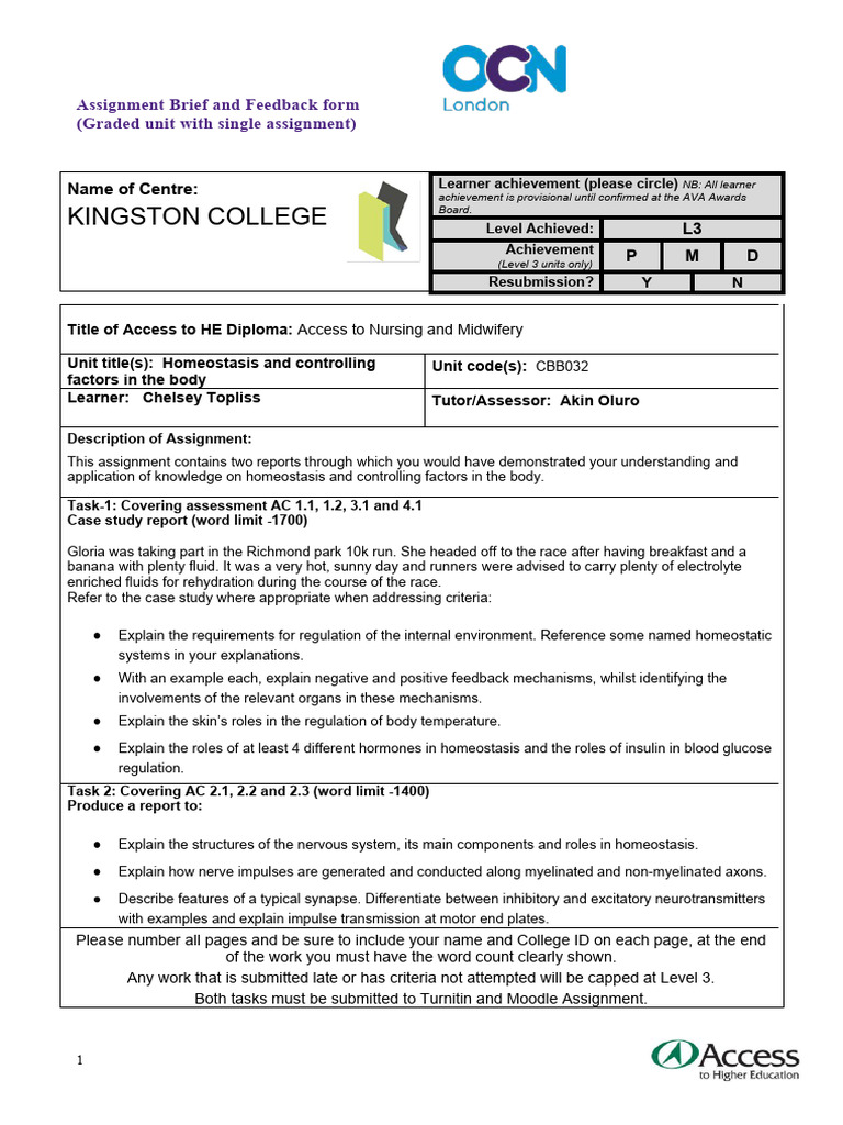 Homeostasis Assignment Overview | PDF | Action Potential | Neuron
