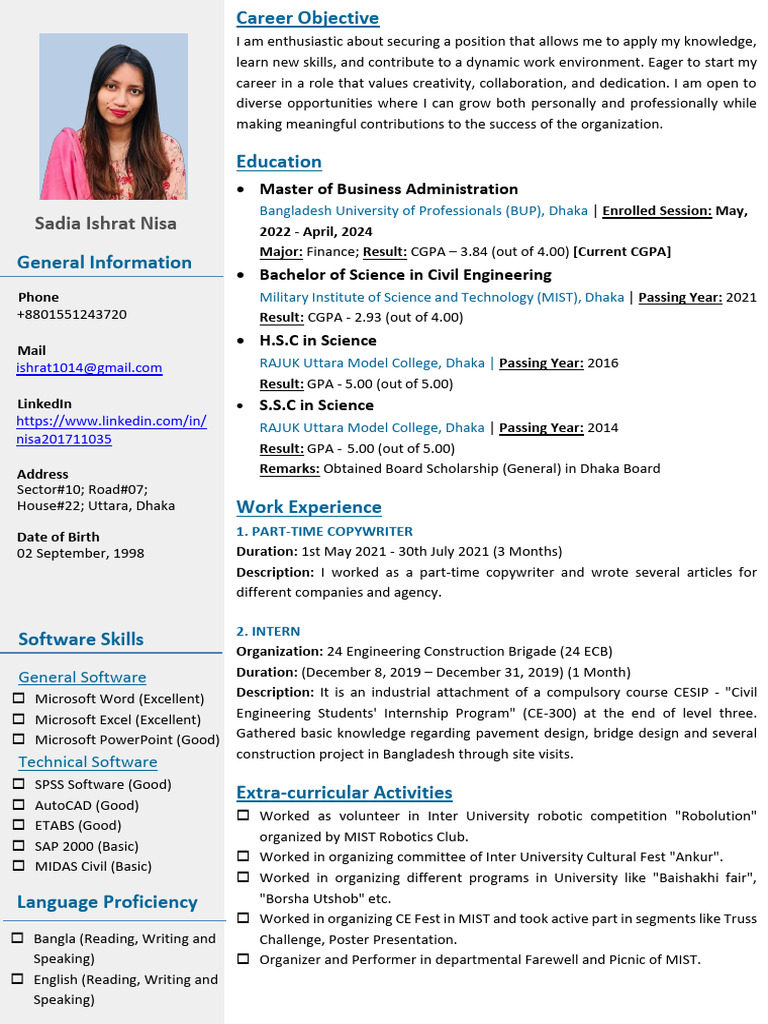 Sadia Ishrat Nisa - CV | PDF