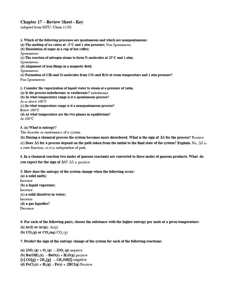 Chapter 17 – Review Sheet KEY rev | PDF | Chemical Reactions | Entropy