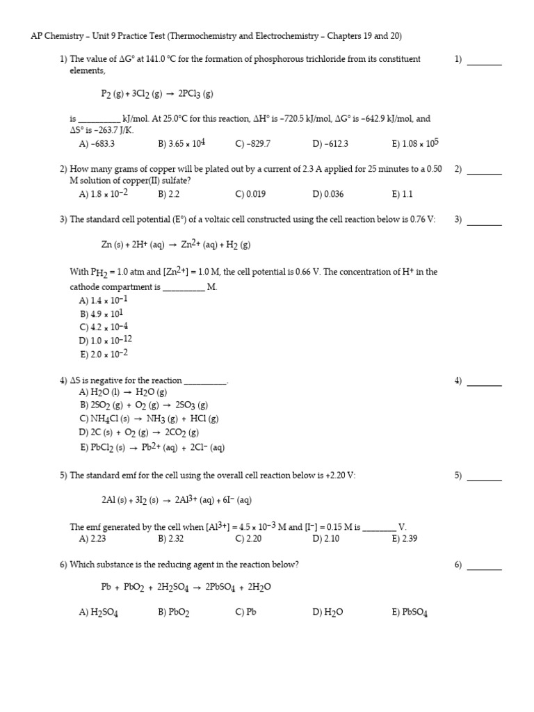 Unit 9 Practice Test (Thermochemistry and Electrochemistry ... | PDF