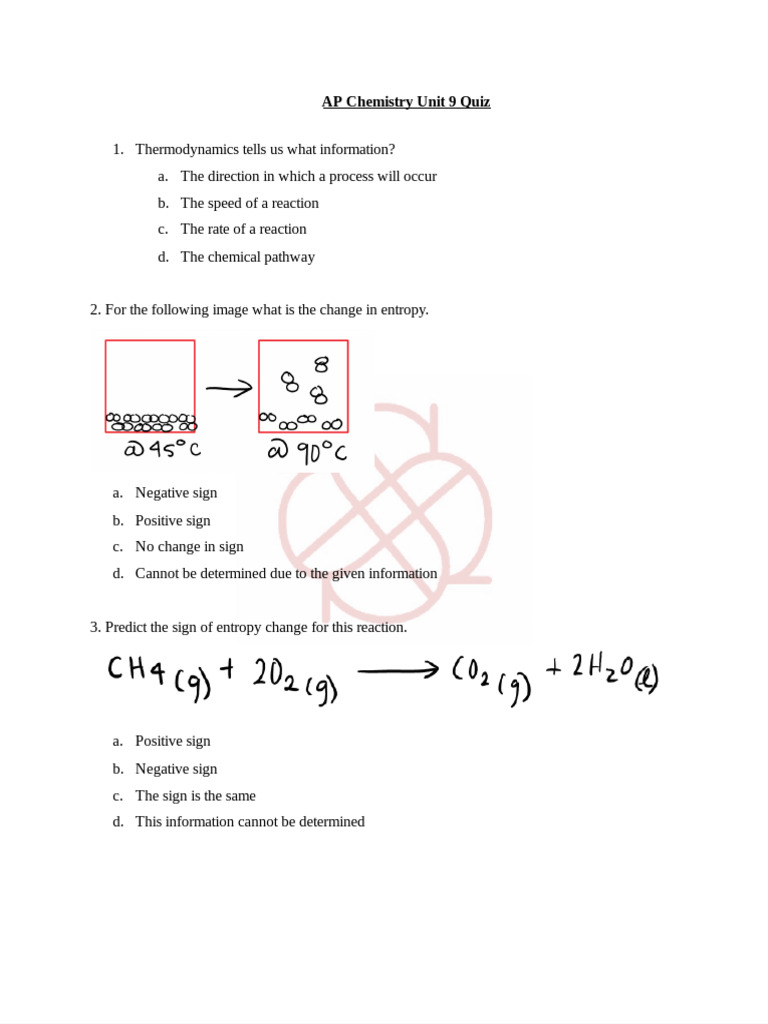 AP Chemistry Unit 9 Thermodynamics Quiz | PDF | Chemistry | Physical ...
