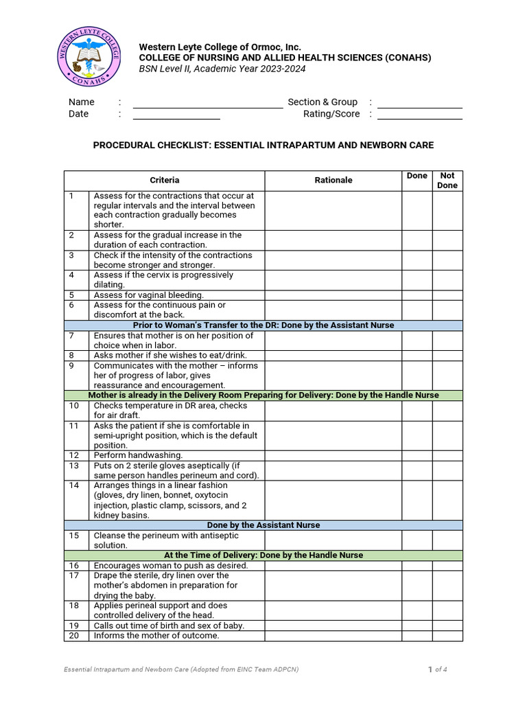 Checklist EINC | PDF | Childbirth | Breastfeeding